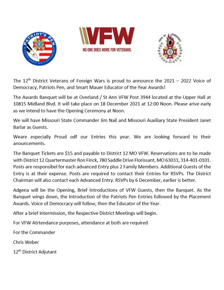 District 12 2021 VOD / PP Awards Banquet - VFW MO - District 12